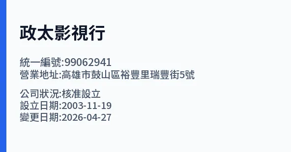 政太影視行的照片-統編 99062941(高雄市) 公司登記資料與營業項目詳細圖表