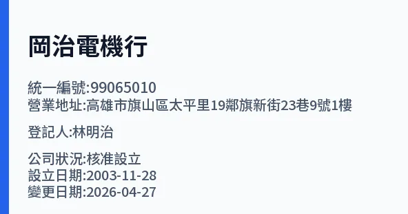 岡治電機行的照片-統編 99065010(高雄市) 公司登記資料與營業項目詳細圖表
