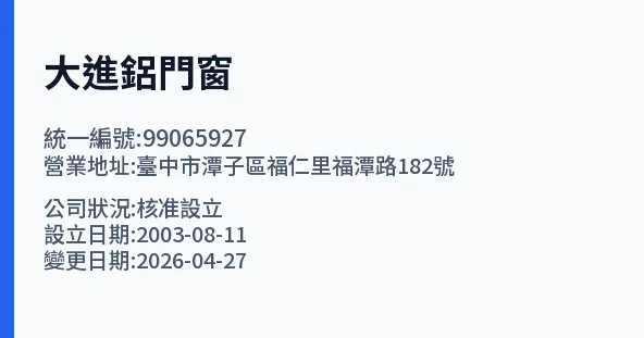 大進鋁門窗的照片-統編 99065927(臺中市) 公司登記資料與營業項目詳細圖表