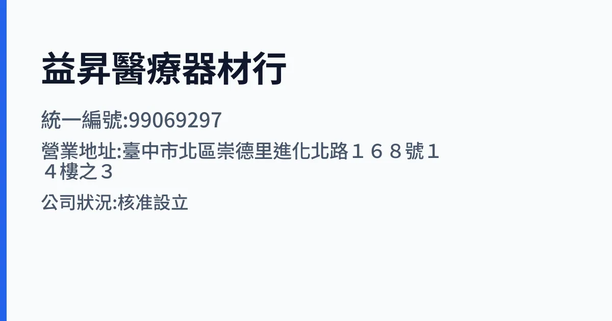 益昇醫療器材行 - 統編 99069297(臺中市) 公司登記資料與營業項目詳細圖表