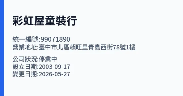 彩虹屋童裝行的照片-統編 99071890(臺中市) 公司登記資料與營業項目詳細圖表