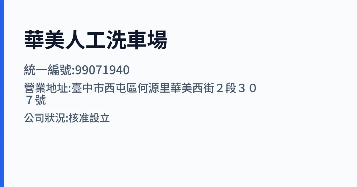 華美人工洗車場 - 統編 99071940(臺中市) 公司登記資料與營業項目詳細圖表