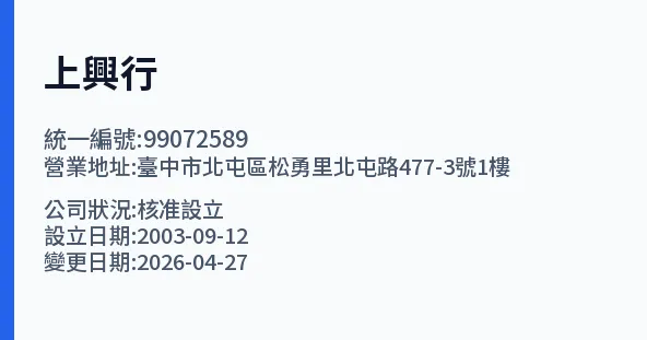 上興行的照片-統編 99072589(臺中市) 公司登記資料與營業項目詳細圖表