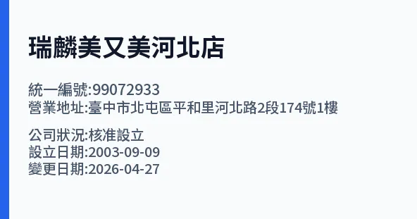 瑞麟美又美河北店的照片-統編 99072933(臺中市) 公司登記資料與營業項目詳細圖表