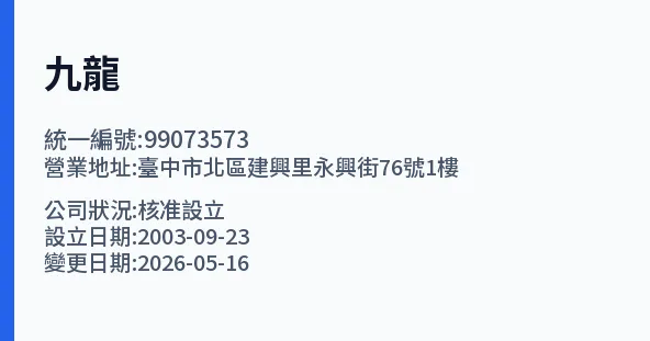 九龍的照片-統編 99073573(臺中市) 公司登記資料與營業項目詳細圖表