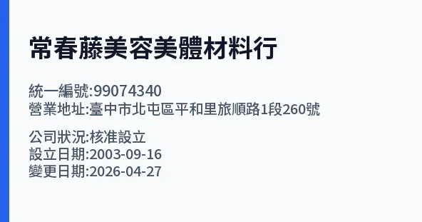 常春藤美容美體材料行的照片-統編 99074340(臺中市) 公司登記資料與營業項目詳細圖表