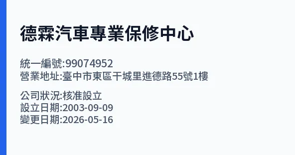 德霖汽車專業保修中心的照片-統編 99074952(臺中市) 公司登記資料與營業項目詳細圖表