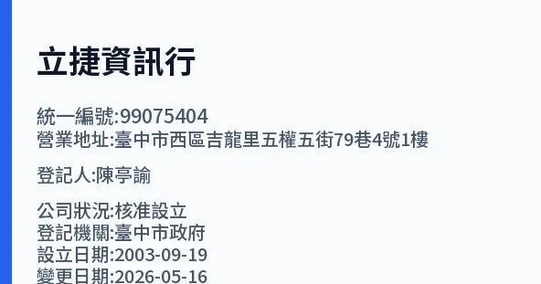 立捷資訊行的照片-統編 99075404(臺中市) 公司登記資料與營業項目詳細圖表