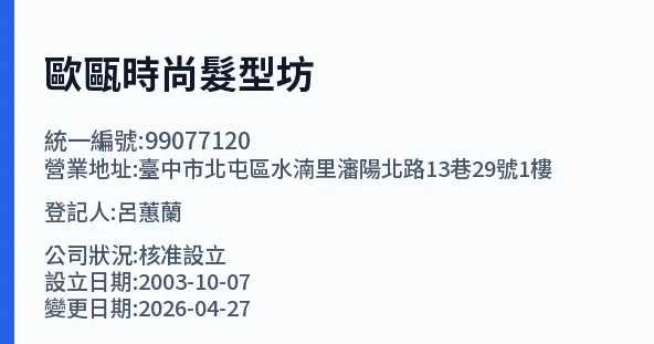 歐甌時尚髮型坊的照片-統編 99077120(臺中市) 公司登記資料與營業項目詳細圖表