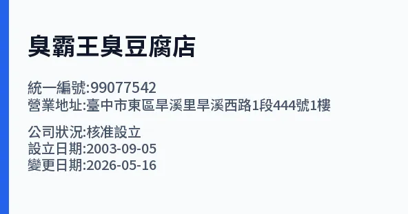 臭霸王臭豆腐店的照片-統編 99077542(臺中市) 公司登記資料與營業項目詳細圖表