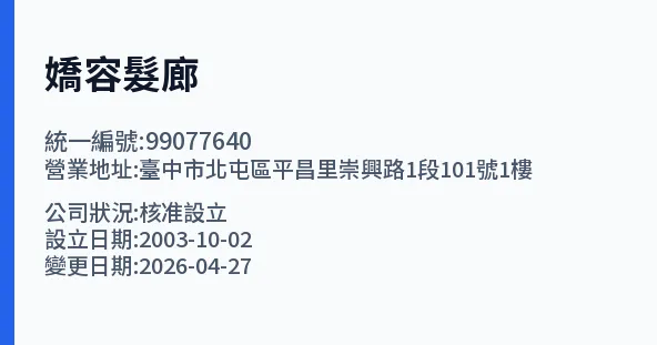 嬌容髮廊的照片-統編 99077640(臺中市) 公司登記資料與營業項目詳細圖表