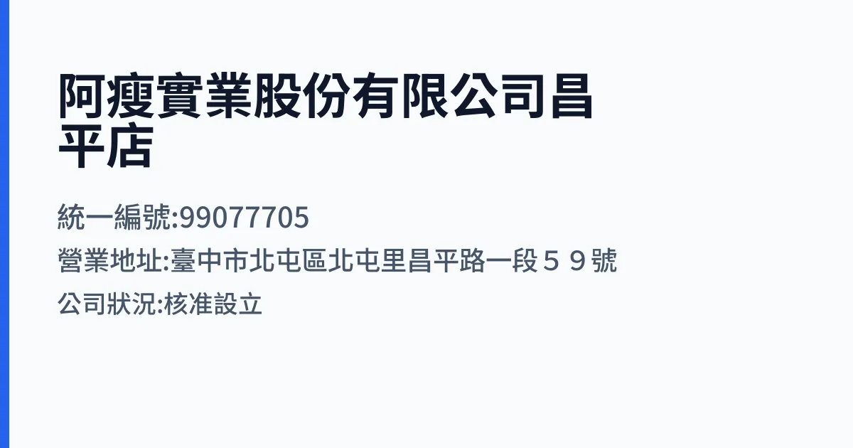 阿瘦實業股份有限公司昌平店 - 統編 99077705(臺中市) 公司登記資料與營業項目詳細圖表