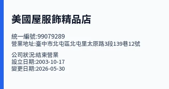 美國屋服飾精品店的照片-統編 99079289(臺中市) 公司登記資料與營業項目詳細圖表