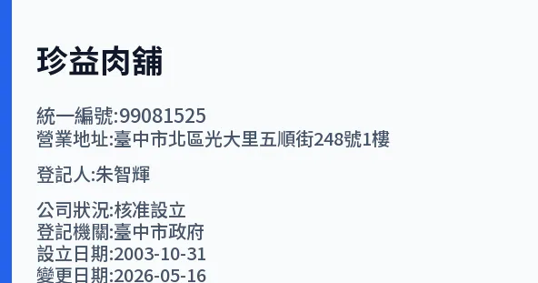 珍益肉舖的照片-統編 99081525(臺中市) 公司登記資料與營業項目詳細圖表