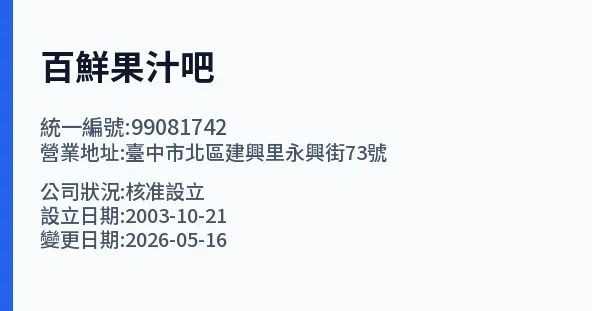 百鮮果汁吧的照片-統編 99081742(臺中市) 公司登記資料與營業項目詳細圖表