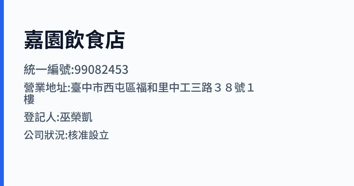 嘉園飲食店 - 統編 99082453(臺中市) 公司登記資料與營業項目詳細圖表