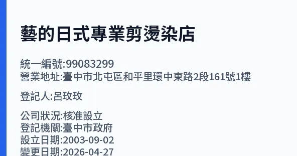 藝的日式專業剪燙染店的照片-統編 99083299(臺中市) 公司登記資料與營業項目詳細圖表