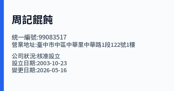 周記餛飩的照片-統編 99083517(臺中市) 公司登記資料與營業項目詳細圖表