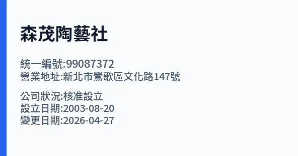 森茂陶藝社的照片-統編 99087372(新北市) 公司登記資料與營業項目詳細圖表