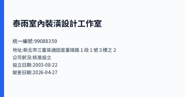 泰雨室內裝潢設計工作室的照片-統編 99088359(新北市) 公司登記資料與營業項目詳細圖表