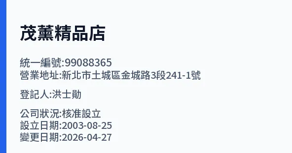 茂薰精品店的照片-統編 99088365(新北市) 公司登記資料與營業項目詳細圖表
