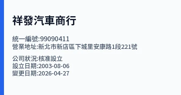 祥發汽車商行的照片-統編 99090411(新北市) 公司登記資料與營業項目詳細圖表