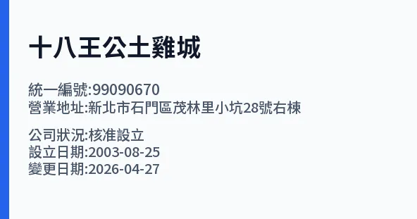 十八王公土雞城的照片-統編 99090670(新北市) 公司登記資料與營業項目詳細圖表