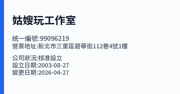 姑嫂玩工作室的照片-統編 99096219(新北市) 公司登記資料與營業項目詳細圖表