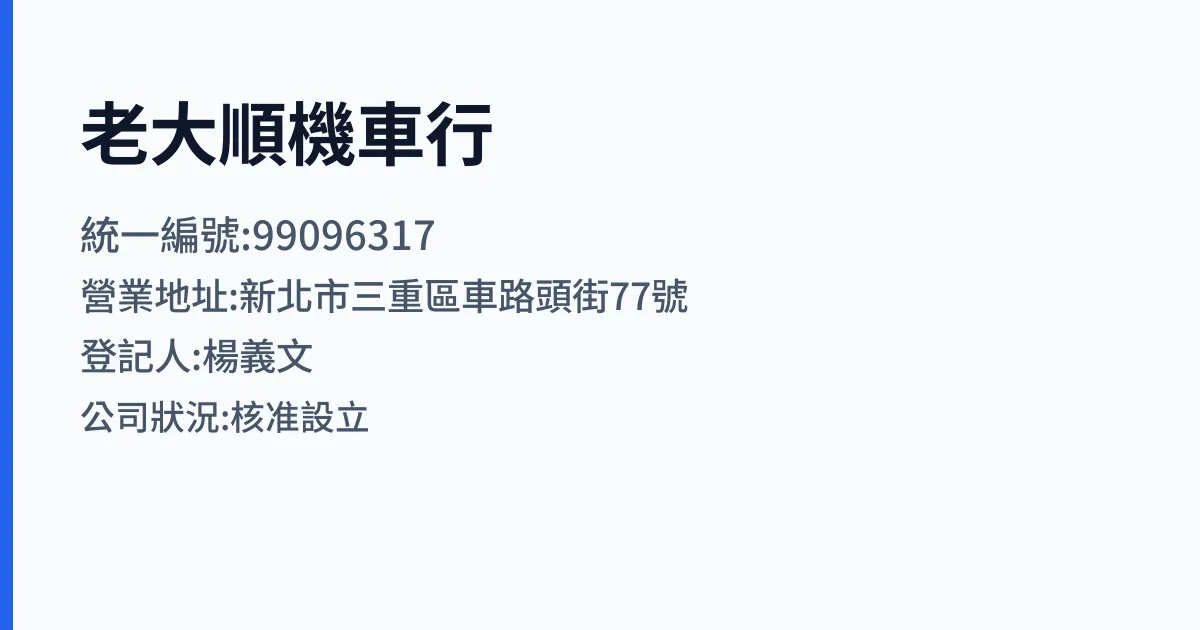 老大順機車行 - 統編 99096317(新北市) 公司登記資料與營業項目詳細圖表