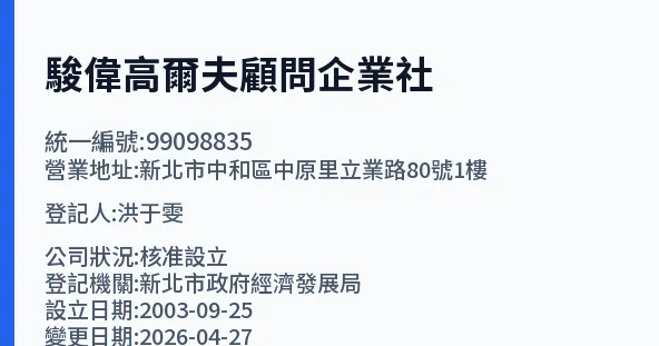 駿偉高爾夫顧問企業社的照片-統編 99098835(新北市) 公司登記資料與營業項目詳細圖表