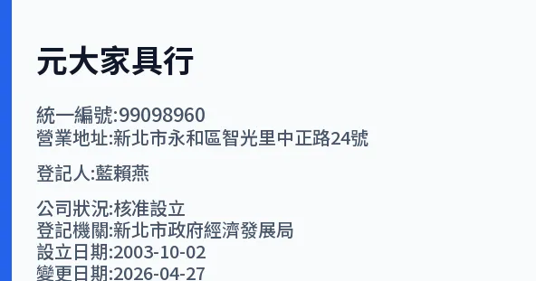 元大家具行的照片-統編 99098960(新北市) 公司登記資料與營業項目詳細圖表