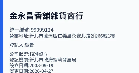 金永昌香舖雜貨商行的照片-統編 99099124(新北市) 公司登記資料與營業項目詳細圖表