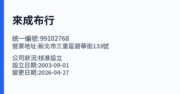 來成布行的照片-統編 99102768(新北市) 公司登記資料與營業項目詳細圖表