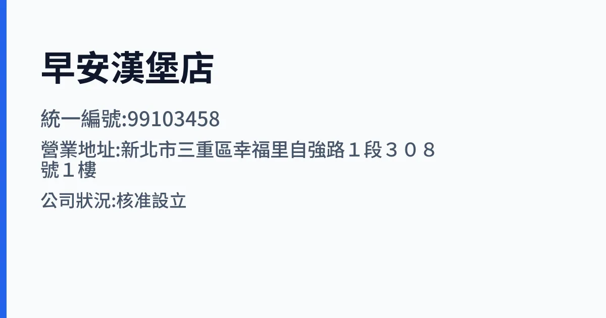 早安漢堡店 - 統編 99103458(新北市) 公司登記資料與營業項目詳細圖表