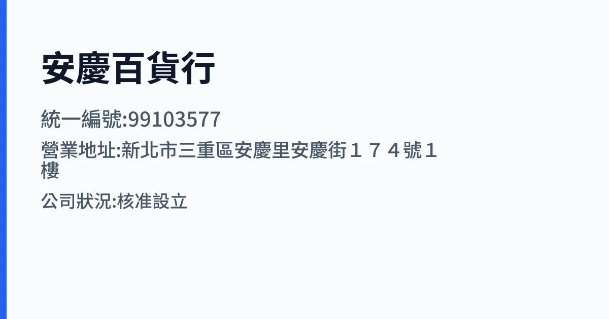 安慶百貨行 - 統編 99103577(新北市) 公司登記資料與營業項目詳細圖表