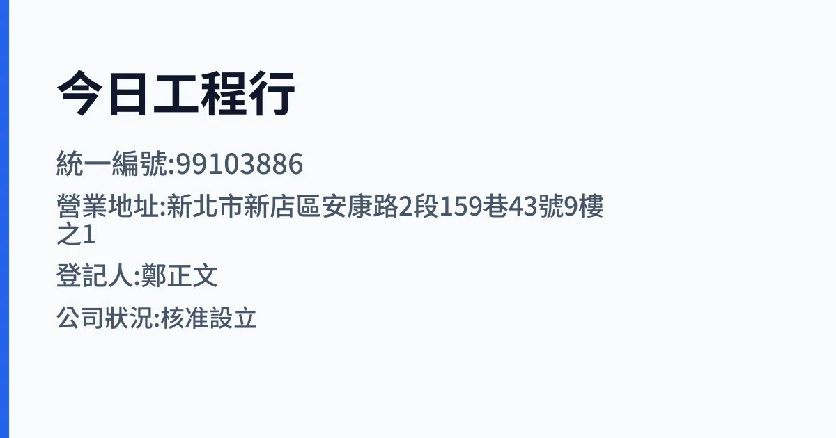 今日工程行 - 統編 99103886(新北市) 公司登記資料與營業項目詳細圖表