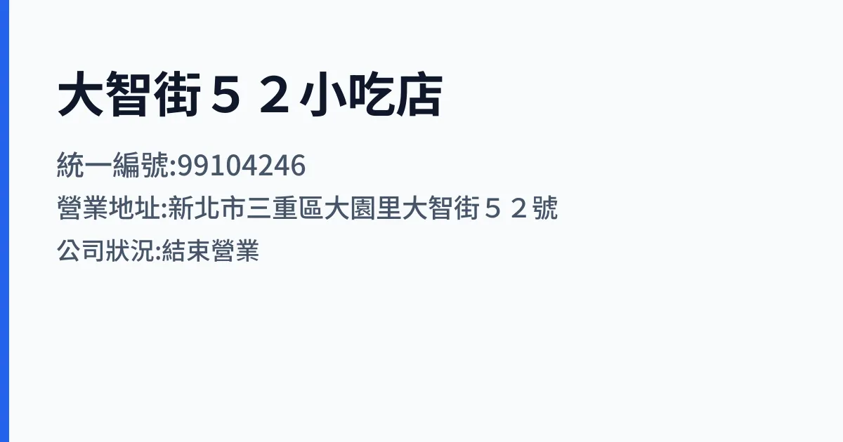 大智街５２小吃店 - 統編 99104246(新北市) 公司登記資料與營業項目詳細圖表