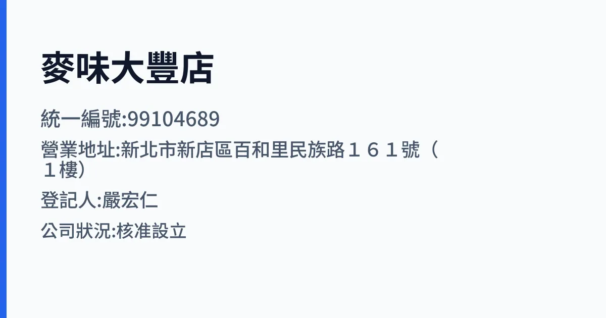 麥味大豐店 - 統編 99104689(新北市) 公司登記資料與營業項目詳細圖表