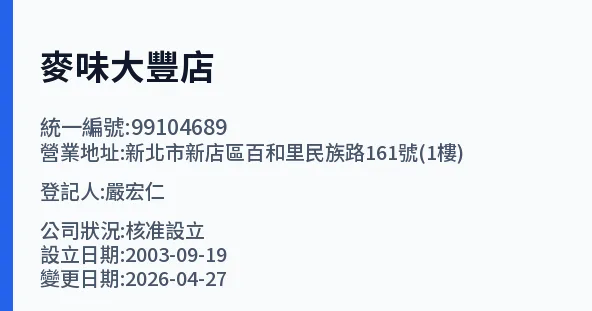 麥味大豐店的照片-統編 99104689(新北市) 公司登記資料與營業項目詳細圖表