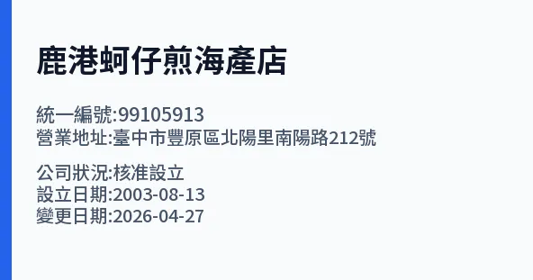 鹿港蚵仔煎海產店的照片-統編 99105913(臺中市) 公司登記資料與營業項目詳細圖表