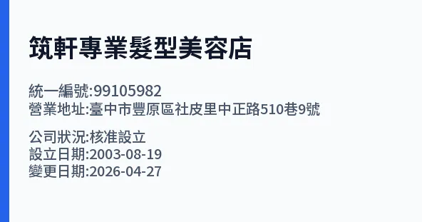 筑軒專業髮型美容店的照片-統編 99105982(臺中市) 公司登記資料與營業項目詳細圖表