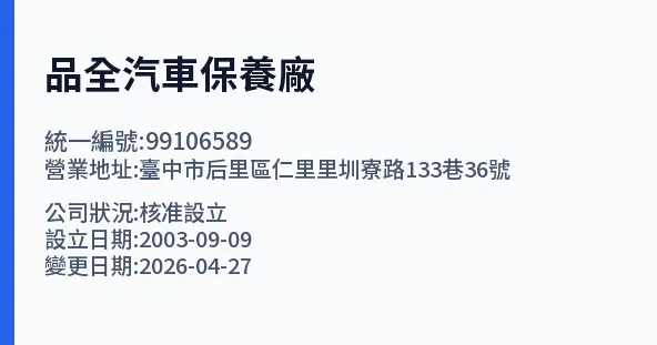 品全汽車保養廠的照片-統編 99106589(臺中市) 公司登記資料與營業項目詳細圖表