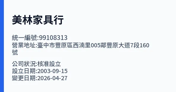 美林家具行的照片-統編 99108313(臺中市) 公司登記資料與營業項目詳細圖表