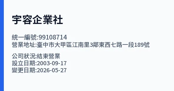 宇容企業社的照片-統編 99108714(臺中市) 公司登記資料與營業項目詳細圖表