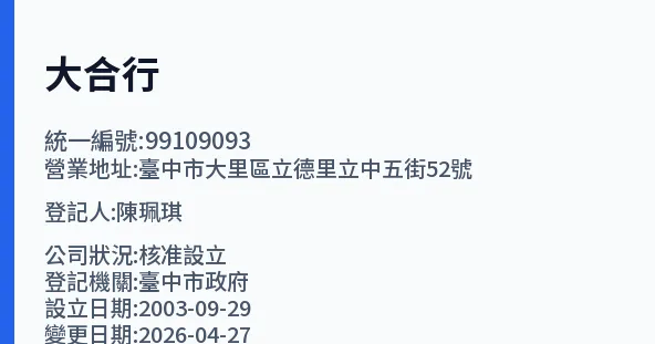 大合行的照片-統編 99109093(臺中市) 公司登記資料與營業項目詳細圖表