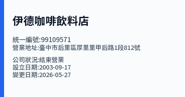 伊德咖啡飲料店的照片-統編 99109571(臺中市) 公司登記資料與營業項目詳細圖表