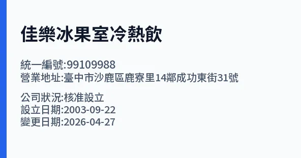 佳樂冰果室冷熱飲的照片-統編 99109988(臺中市) 公司登記資料與營業項目詳細圖表