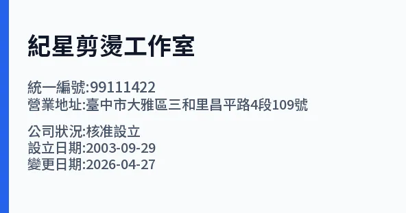 紀星剪燙工作室的照片-統編 99111422(臺中市) 公司登記資料與營業項目詳細圖表
