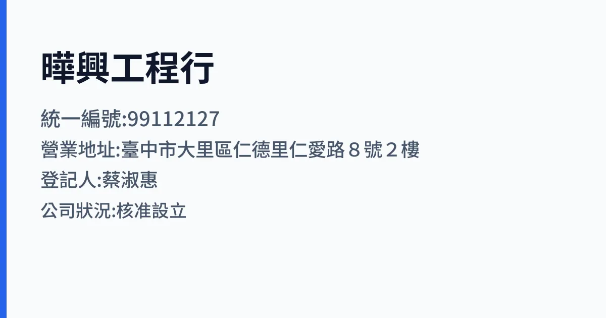 曄興工程行 - 統編 99112127(臺中市) 公司登記資料與營業項目詳細圖表