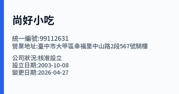尚好小吃的照片-統編 99112631(臺中市) 公司登記資料與營業項目詳細圖表